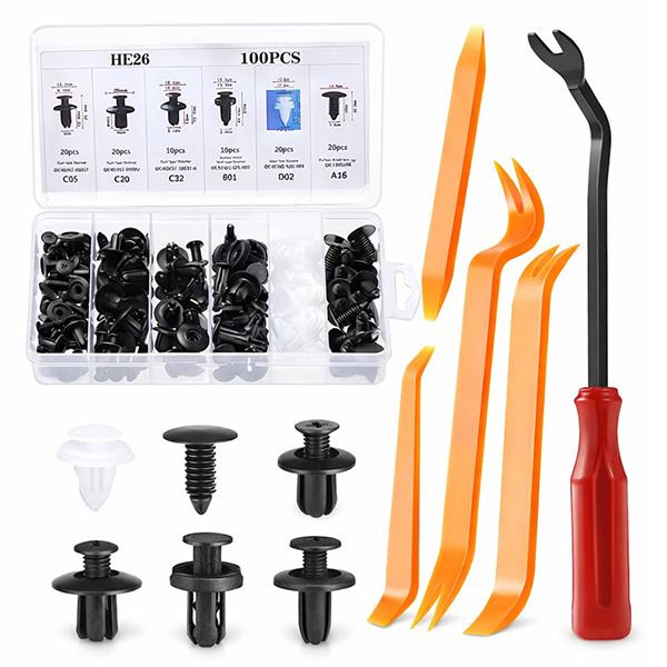 自動車のバンパー・フェンダー・内装パネルの固定に使える樹脂製リベットクリップ100個セットと、取り外しに便利な内張りはがし専用工具4本をセットにしたメンテナンス工具です。プロも使う車体クリップ・プッシュリベットが複数形状・サイズで6種類入り...