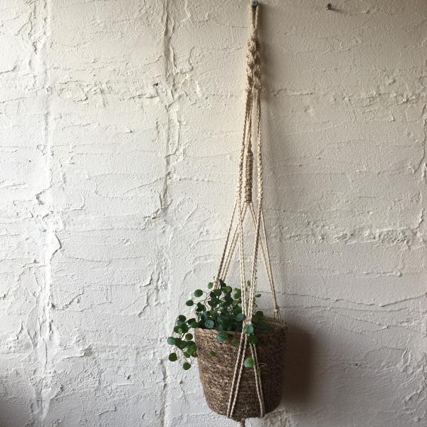コットンロープをマクラメ編で編み上げたプラントハンガーと天然素材シーグラスのポットをセット。買ってきた植物をそのままポットに入れられます。マクラメで直接鉢を吊るすのは難しいけれど、ポット付きなので安定感があり吊るしやすいです。お部屋にグリー...
