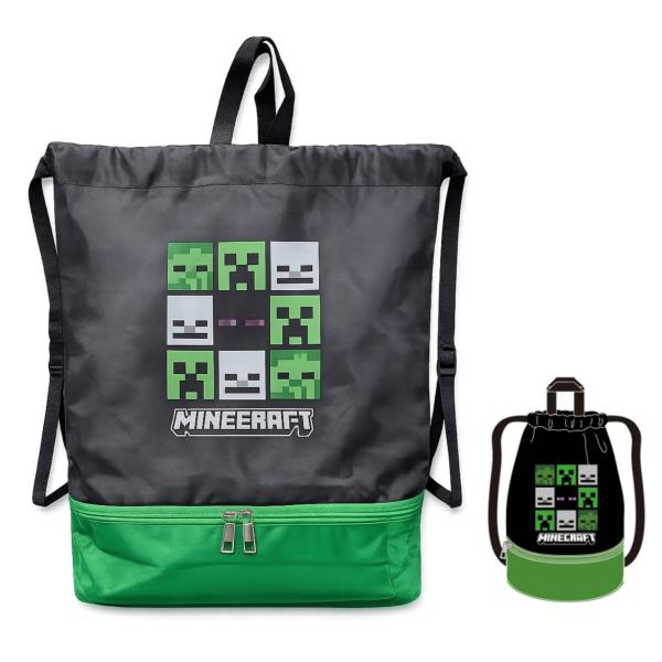 大人気『Minecraft』の2層式ナップサックです。落ち着いた雰囲気で、かわいくなり過ぎないブラックカラー!!マチ幅が広く容量たっぷり♪ラップタオル、水着、お着換え、サンダルなどたくさん入ります。上段＆下段の二層式タイプなので、濡れたもの...