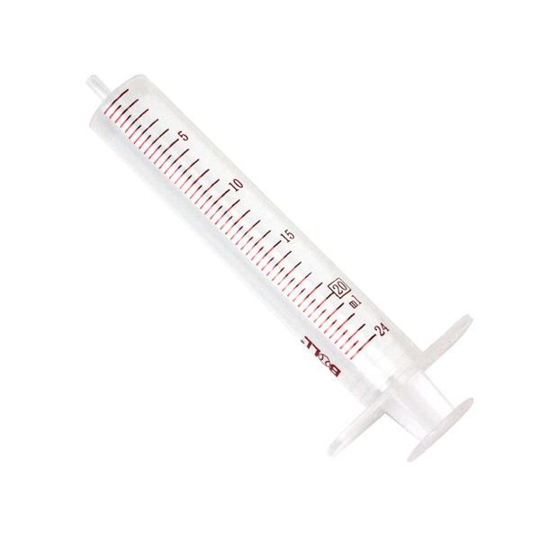 【特徴】飲料水・機械油・化粧品・食品全般に使用できる注射器型容器です。【用途】プラスチックシリンジ。【仕様】●容量：20ml。【材質】●プランジャー：ポリエチレン。●ラベル：紙。【サイズ】幅：37mm高さ：115mm奥行き：25mm重量：10g