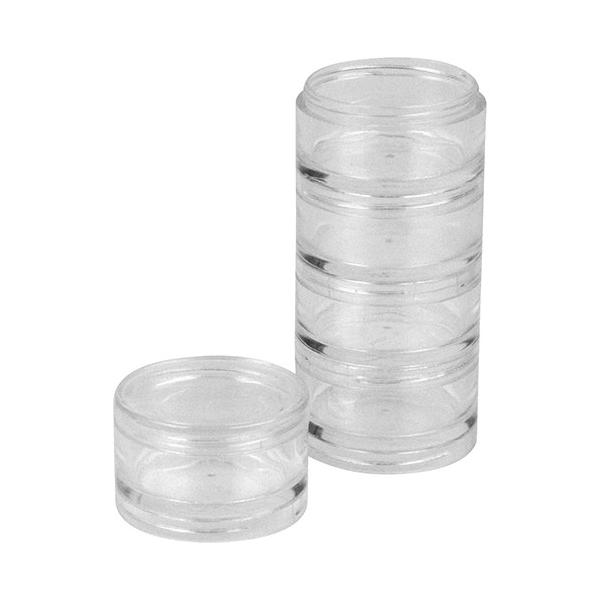 【特徴】本体の連結はネジ式で組み合わせ自在です。中身が見易いクリアータイプです。5段組みです。【用途】パーツ等小物類の収納。【仕様】●外寸：直径40×102(5段)mm。●色：クリア。●内寸：直径33×深さ16(1段)mm。【材質】●本体・...