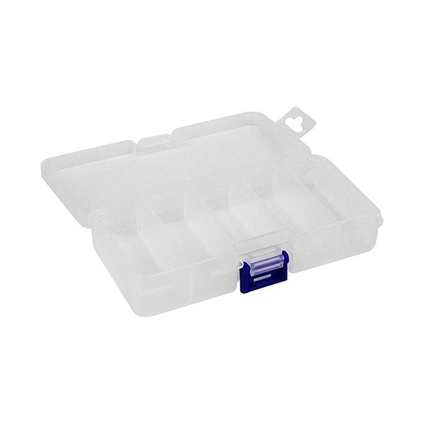 【特徴】ピタッと合体、ボックス同士が合体できるW機能付きです。蝶番・バックルはオール別部品を使用し、耐久性抜群です。仕切板固定5分割タイプです。【用途】パーツ等小物類の収納。【仕様】●外寸：(L)140×(W)75×(H)27mm。●色：ク...