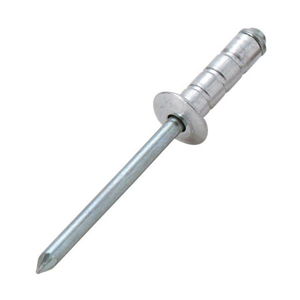 【特徴】広範囲の板厚に対応できるハンドリベッター用のブラインドリベットです。フランジ(リベット本体)はアルミ製でサビに強くなっています。【用途】部材と母材の締結。【仕様】●リベット径：4.8mm。●下穴寸法：4.9〜5.0mm。●締付可能板...