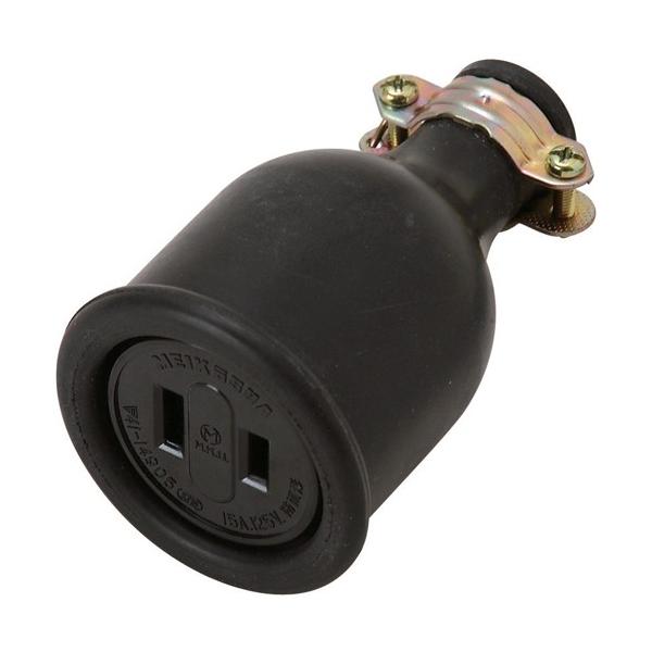 【特徴】125V15A2芯接続です。【用途】掃除機、電動工具などの交換用電源ソケット。【仕様】●交流電圧：125V。●許容電流：15A。●防雨対応。【サイズ】幅：45mm高さ：75mm奥行き：45mm重量：60g