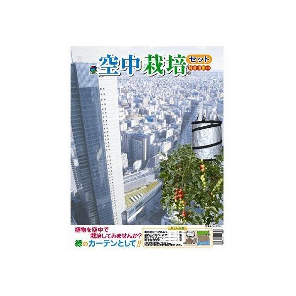 チェーンでつるす円筒形をしたバッグの底の穴から、野菜の苗を下向きに出して育てる「空中栽培セット」。土を詰めるバッグに根が張り、下向きに枝葉を伸ばし、トマトやニガウリ（ゴーヤー）などは空中に実をつけます。支柱や誘引がいらず、庭や畑がなくても物...