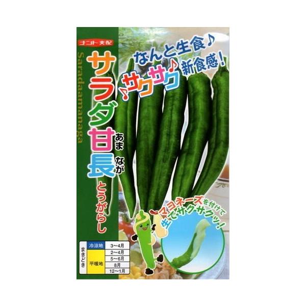 ・肉厚で食感が良く、生で食べられる甘長とうがらし。マヨネーズとの相性が良い。・果長が10cmになったらすぐに収穫すると、次々と着果し収量が多い。・収穫遅れ（果長15cm以上）は、辛味が発生する場合があるため注意する。