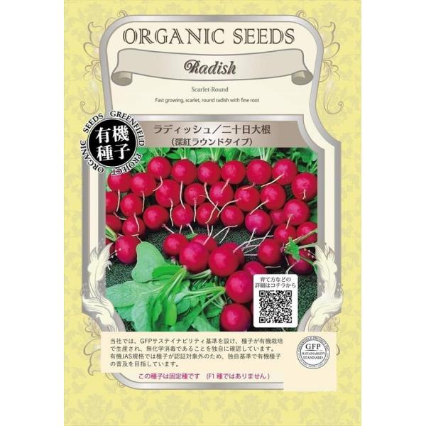 小ぶりの丸型で、鮮やかな深紅色の二十日大根です。一般の二十日大根に比べ寒い時期でも育ちやすく、育ちの早い（早生）品種です。この種子は固定種です（F1種ではありません）