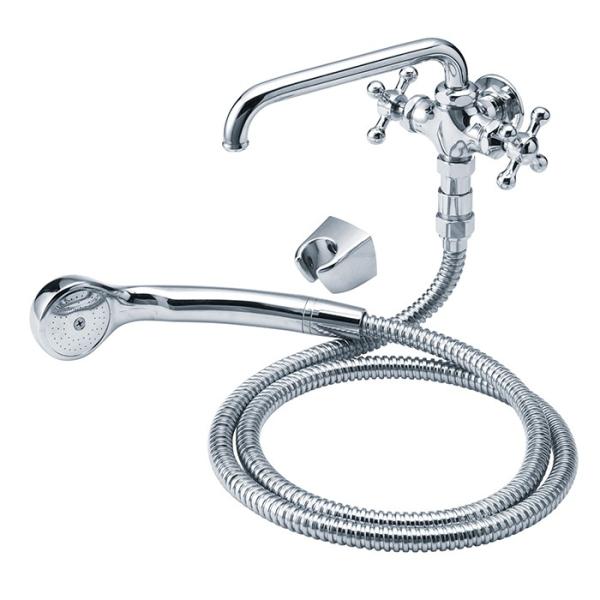 【商品名】シャワーヘッド付水栓金具 水用 ロングアーム水栓付　オプションパーツ 水栓蛇口【メーカー名】 ニッコーエクステリア【サイズ】ホースの長さ：1500mm取り付けネジ：呼び径13ネジ【材質】      青銅・黄銅製   クロームメッキ...