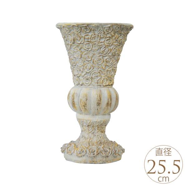 材質:石膏、グラスファイバーサイズ/重さ:約 直径25.5×高さ43cm　台座部：約直径20cm備考:古代ローマを思わせる、風格のあるプランター。一見、重たい石で作られてるように見えますが、グラスファイバー製で軽いプランターです。素敵なお庭...