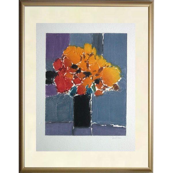 深みのあるオレンジ系の花・背景の深いブルーグレー系がカーボランダム技法での表現にステキにマッチしてる。