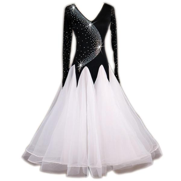 ストレッチ素材で動きやすく、発表会、競技、練習などにおすすめのレディースモダン社交ダンス衣装です。伸縮性がありとても着心地が良いワンランク上の生地を使用しています。ぜひお楽しみにしてください。[サイズ/cm] S/　　着丈125　バスト78...