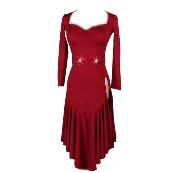 ストレッチ素材で動きやすく、発表会、競技、練習などにおすすめのレディースモダン社交ダンス衣装です。伸縮性がありとても着心地が良いワンランク上の生地を使用しています。[サイズ/cm]     S/　　着丈80-85 　バスト78-84　　ウエ...