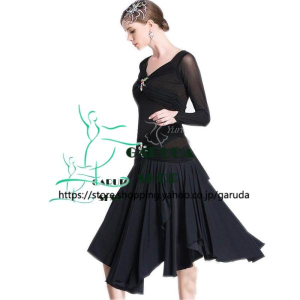 ストレッチ素材で動きやすく、発表会、競技などにおすすめのレディースモダン社交ダンス衣装です。高級ドレス、ぜひお楽しみにしてください。魅力のセミオーダーも対応させていただきます。[サイズ/cm] Sサイズ  身長150‐157　バスト79-8...