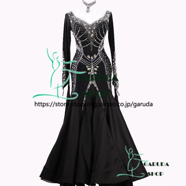 ストレッチ素材で動きやすく、発表会、競技などにおすすめのレディースモダン社交ダンス衣装です。高級ドレス、ぜひお楽しみにしてください。魅力のセミオーダーも対応させていただきます。[サイズ/cm] Sサイズ  着丈125 バスト79-83 ウエ...