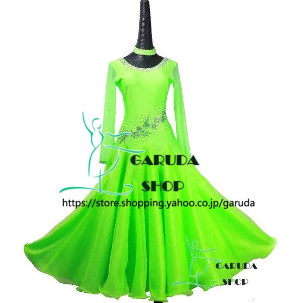 ストレッチ素材で動きやすく、発表会、競技などにおすすめのレディースモダン社交ダンス衣装です。高級ドレス、ぜひお楽しみにしてください。魅力のセミオーダーも対応させていただきます。[サイズ/cm] Sサイズ  着丈125 バスト79-83 ウエ...