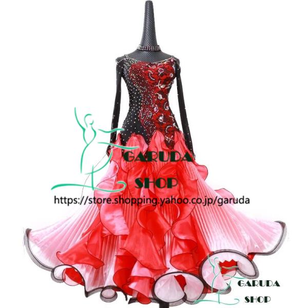 ストレッチ素材で動きやすく、発表会、競技などにおすすめのレディースモダン社交ダンス衣装です。高級ドレス、ぜひお楽しみにしてください。魅力のセミオーダーも対応させていただきます。[サイズ/cm] Sサイズ  着丈125 バスト79-83 ウエ...