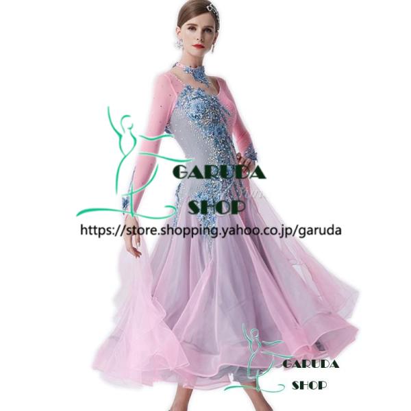 ストレッチ素材で動きやすく、発表会、競技などにおすすめのレディースモダン社交ダンス衣装です。高級ドレス、ぜひお楽しみにしてください。魅力のセミオーダーも対応させていただきます。[サイズ/cm] Sサイズ  着丈125 バスト79-83 ウエ...