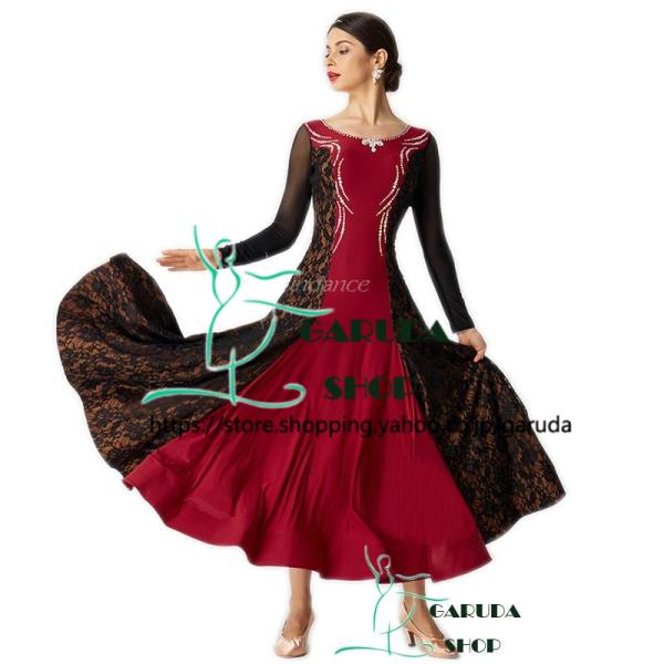 ストレッチ素材で動きやすく、発表会、競技などにおすすめのレディースモダン社交ダンス衣装です。高級ドレス、ぜひお楽しみにしてください。魅力のセミオーダーも対応させていただきます。[サイズ/cm] Sサイズ  着丈125 バスト79-83 ウエ...