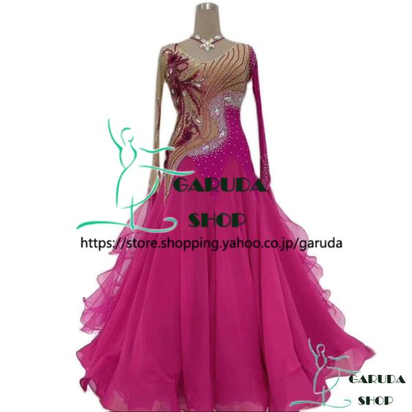 ストレッチ素材で動きやすく、発表会、競技などにおすすめのレディースモダン社交ダンス衣装です。高級ドレス、ぜひお楽しみにしてください。魅力のセミオーダーも対応させていただきます。[サイズ/cm] Sサイズ  着丈125 バスト79-83 ウエ...