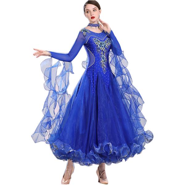 ストレッチ素材で動きやすく、発表会、競技、練習などにおすすめのレディースモダン社交ダンス衣装です。伸縮性がありとても着心地が良いワンランク上の生地を使用しています。ぜひお楽しみにしてください。[サイズ/cm] S/　着丈128　バスト70-...