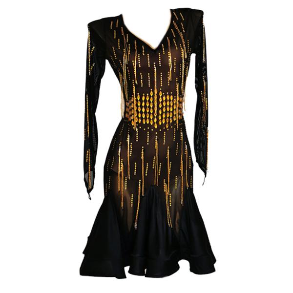 ストレッチ素材で動きやすく、発表会、競技、練習などにおすすめのレディースモダン社交ダンス衣装です。伸縮性がありとても着心地が良いワンランク上の生地を使用しています。[サイズ/cm]     S/　　着丈80-85 　バスト78-84　　ウエ...