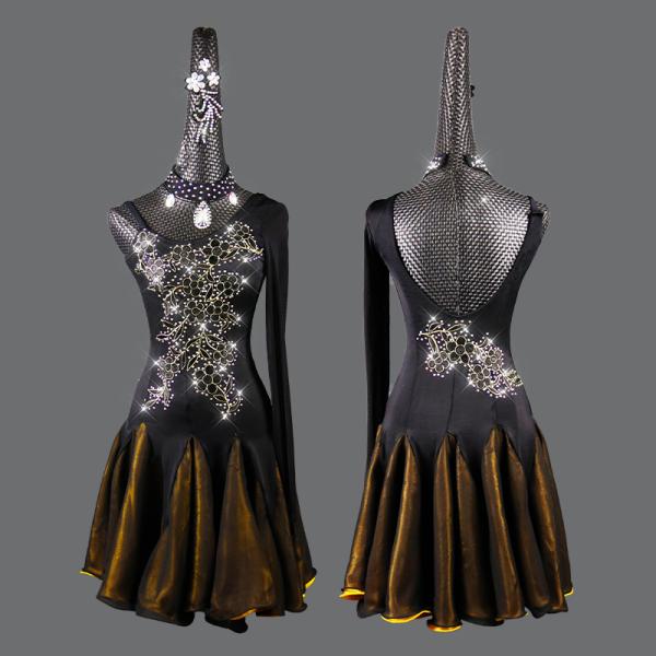 ストレッチ素材で動きやすく、発表会、競技、練習などにおすすめのレディースモダン社交ダンス衣装です。伸縮性がありとても着心地が良いワンランク上の生地を使用しています。[サイズ/cm]サイズS   身長150-157cm　バスト79-83　ウエ...