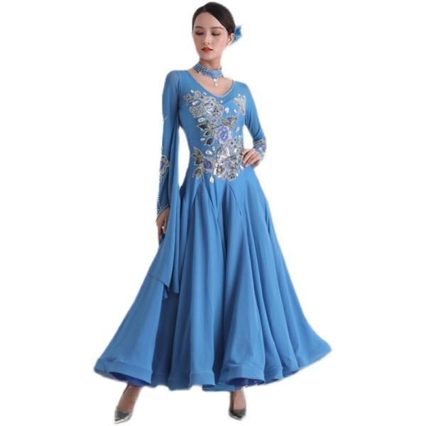 ストレッチ素材で動きやすく、発表会、競技、練習などにおすすめのレディースモダン社交ダンス衣装です。伸縮性がありとても着心地が良いワンランク上の生地を使用しています。ぜひお楽しみにしてください。[サイズ/cm] S/　　着丈125　バスト76...