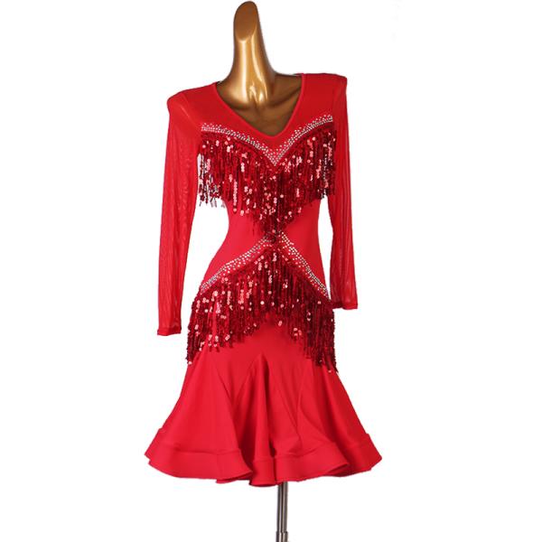 ストレッチ素材で動きやすく、発表会、競技、練習などにおすすめのレディースモダン社交ダンス衣装です。伸縮性がありとても着心地が良いワンランク上の生地を使用しています。[サイズ/cm]     S/　　着丈80-85 　バスト78-84　　ウエ...