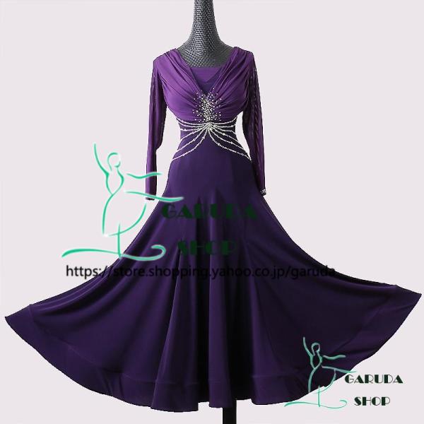 ストレッチ素材で動きやすく、発表会、競技などにおすすめのレディースモダン社交ダンス衣装です。高級ドレス、ぜひお楽しみにしてください。魅力のセミオーダーも対応させていただきます。[サイズ/cm] Sサイズ  着丈125 バスト79-83 ウエ...