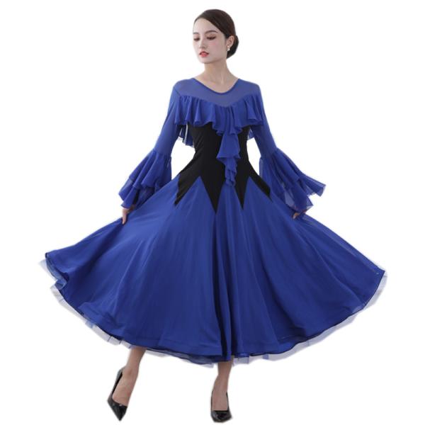 ストレッチ素材で動きやすく、発表会、競技、練習などにおすすめのレディースモダン社交ダンス衣装です。伸縮性がありとても着心地が良いワンランク上の生地を使用しています。ぜひお楽しみにしてください。[サイズ/cm] S/　　着丈120-122　バ...