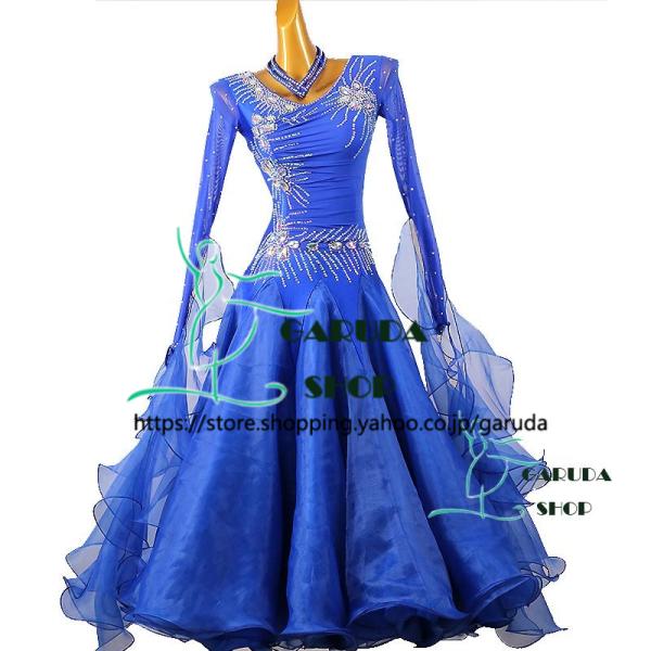 ストレッチ素材で動きやすく、発表会、競技などにおすすめのレディースモダン社交ダンス衣装です。高級ドレス、ぜひお楽しみにしてください。魅力のセミオーダーも対応させていただきます。[サイズ/cm] Sサイズ  着丈125 バスト79-83 ウエ...