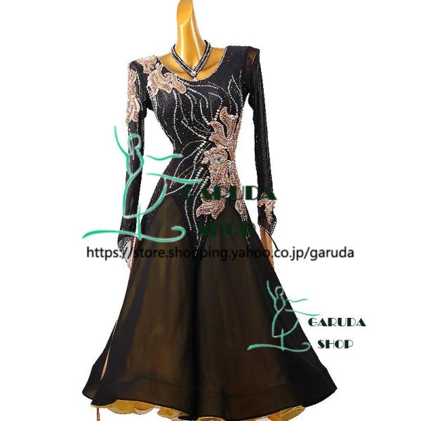 ストレッチ素材で動きやすく、発表会、競技などにおすすめのレディースモダン社交ダンス衣装です。高級ドレス、ぜひお楽しみにしてください。魅力のセミオーダーも対応させていただきます。[サイズ/cm] Sサイズ  着丈125 バスト79-83 ウエ...