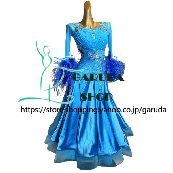 ストレッチ素材で動きやすく、発表会、競技などにおすすめのレディースモダン社交ダンス衣装です。高級ドレス、ぜひお楽しみにしてください。魅力のセミオーダーも対応させていただきます。[サイズ/cm] Sサイズ  着丈125 バスト79-83 ウエ...