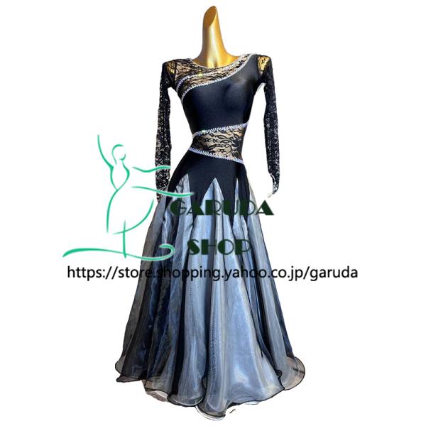 ストレッチ素材で動きやすく、発表会、競技などにおすすめのレディースモダン社交ダンス衣装です。高級ドレス、ぜひお楽しみにしてください。魅力のセミオーダーも対応させていただきます。[サイズ/cm] Sサイズ  着丈125 バスト79-83 ウエ...