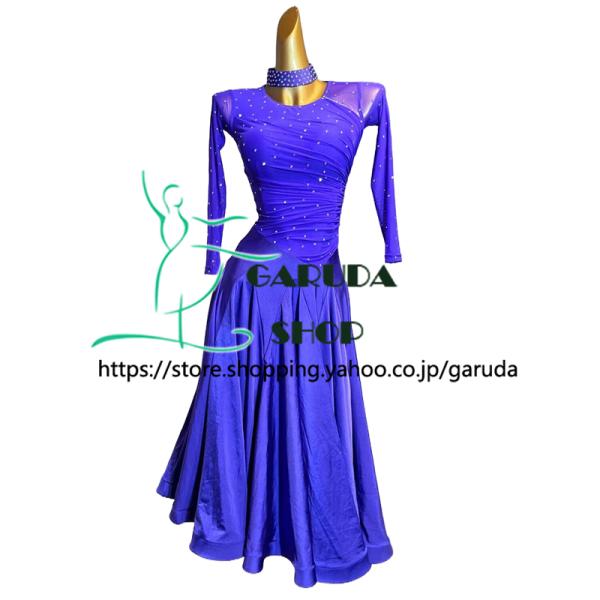 ストレッチ素材で動きやすく、発表会、競技などにおすすめのレディースモダン社交ダンス衣装です。高級ドレス、ぜひお楽しみにしてください。魅力のセミオーダーも対応させていただきます。[サイズ/cm] Sサイズ  着丈125 バスト79-83 ウエ...