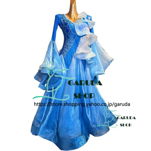 ストレッチ素材で動きやすく、発表会、競技などにおすすめのレディースモダン社交ダンス衣装です。高級ドレス、ぜひお楽しみにしてください。魅力のセミオーダーも対応させていただきます。[サイズ/cm] Sサイズ  着丈125 バスト79-83 ウエ...