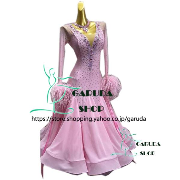 ストレッチ素材で動きやすく、発表会、競技などにおすすめのレディースモダン社交ダンス衣装です。高級ドレス、ぜひお楽しみにしてください。魅力のセミオーダーも対応させていただきます。[サイズ/cm] Sサイズ  着丈125 バスト79-83 ウエ...