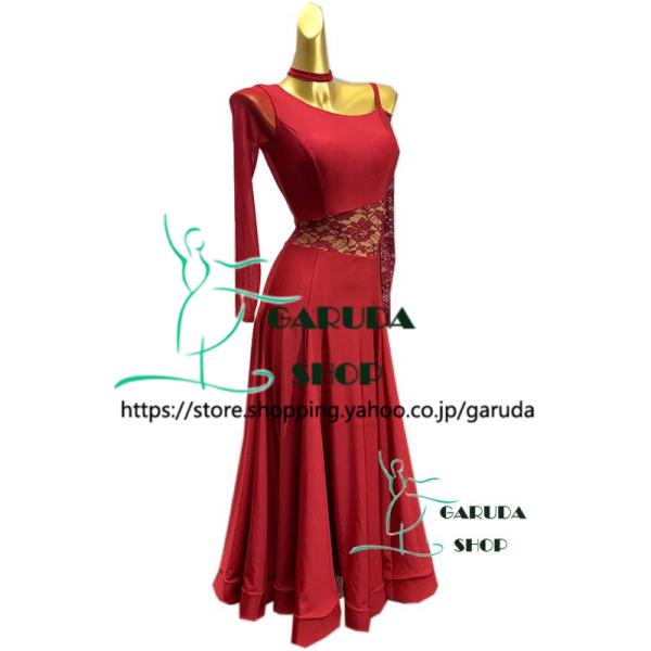 ストレッチ素材で動きやすく、発表会、競技などにおすすめのレディースモダン社交ダンス衣装です。高級ドレス、ぜひお楽しみにしてください。魅力のセミオーダーも対応させていただきます。[サイズ/cm] Sサイズ  着丈125 バスト79-83 ウエ...