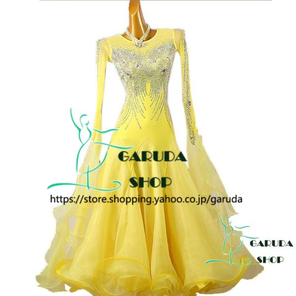 ストレッチ素材で動きやすく、発表会、競技などにおすすめのレディースモダン社交ダンス衣装です。高級ドレス、ぜひお楽しみにしてください。魅力のセミオーダーも対応させていただきます。[サイズ/cm] Sサイズ  着丈125 バスト79-83 ウエ...