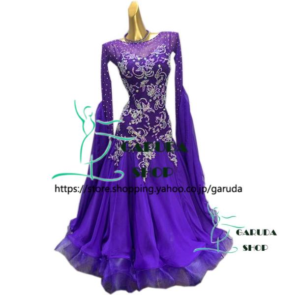 ストレッチ素材で動きやすく、発表会、競技などにおすすめのレディースモダン社交ダンス衣装です。高級ドレス、ぜひお楽しみにしてください。魅力のセミオーダーも対応させていただきます。[サイズ/cm] Sサイズ  着丈125 バスト79-83 ウエ...