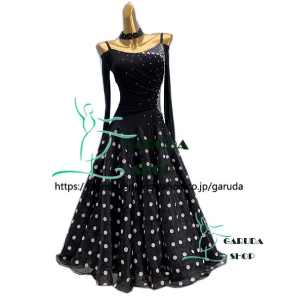 ストレッチ素材で動きやすく、発表会、競技などにおすすめのレディースモダン社交ダンス衣装です。高級ドレス、ぜひお楽しみにしてください。魅力のセミオーダーも対応させていただきます。[サイズ/cm] Sサイズ  着丈125 バスト79-83 ウエ...