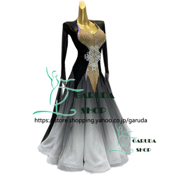 ストレッチ素材で動きやすく、発表会、競技などにおすすめのレディースモダン社交ダンス衣装です。高級ドレス、ぜひお楽しみにしてください。魅力のセミオーダーも対応させていただきます。[サイズ/cm] Sサイズ  着丈125 バスト79-83 ウエ...