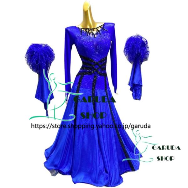 ストレッチ素材で動きやすく、発表会、競技などにおすすめのレディースモダン社交ダンス衣装です。高級ドレス、ぜひお楽しみにしてください。魅力のセミオーダーも対応させていただきます。[サイズ/cm] Sサイズ  着丈125 バスト79-83 ウエ...