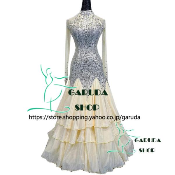 ストレッチ素材で動きやすく、発表会、競技などにおすすめのレディースモダン社交ダンス衣装です。高級ドレス、ぜひお楽しみにしてください。魅力のセミオーダーも対応させていただきます。[サイズ/cm] Sサイズ  着丈125 バスト79-83 ウエ...