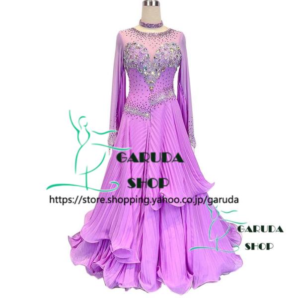 ストレッチ素材で動きやすく、発表会、競技などにおすすめのレディースモダン社交ダンス衣装です。高級ドレス、ぜひお楽しみにしてください。魅力のセミオーダーも対応させていただきます。[サイズ/cm] Sサイズ  着丈125 バスト79-83 ウエ...