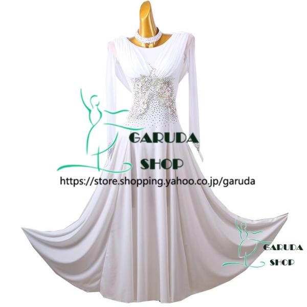 ストレッチ素材で動きやすく、発表会、競技などにおすすめのレディースモダン社交ダンス衣装です。高級ドレス、ぜひお楽しみにしてください。魅力のセミオーダーも対応させていただきます。[サイズ/cm] Sサイズ  着丈125 バスト79-83 ウエ...