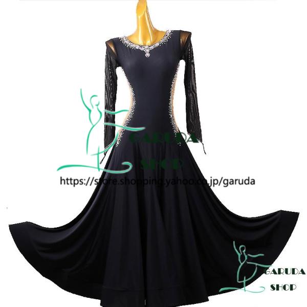 ストレッチ素材で動きやすく、発表会、競技などにおすすめのレディースモダン社交ダンス衣装です。高級ドレス、ぜひお楽しみにしてください。魅力のセミオーダーも対応させていただきます。[サイズ/cm] Sサイズ  着丈125 バスト79-83 ウエ...