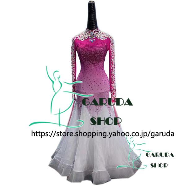 ストレッチ素材で動きやすく、発表会、競技などにおすすめのレディースモダン社交ダンス衣装です。高級ドレス、ぜひお楽しみにしてください。魅力のセミオーダーも対応させていただきます。[サイズ/cm] Sサイズ  着丈125 バスト79-83 ウエ...