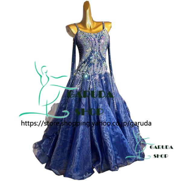 ストレッチ素材で動きやすく、発表会、競技などにおすすめのレディースモダン社交ダンス衣装です。高級ドレス、ぜひお楽しみにしてください。魅力のセミオーダーも対応させていただきます。[サイズ/cm] Sサイズ  着丈125 バスト79-83 ウエ...