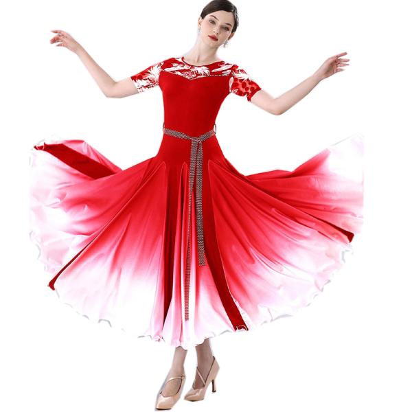 ストレッチ素材で動きやすく、発表会、競技、練習などにおすすめのレディースモダン社交ダンス衣装です。伸縮性がありとても着心地が良いワンランク上の生地を使用しています。ぜひお楽しみにしてください。[サイズ/cm] S/　着丈130　バスト70-...